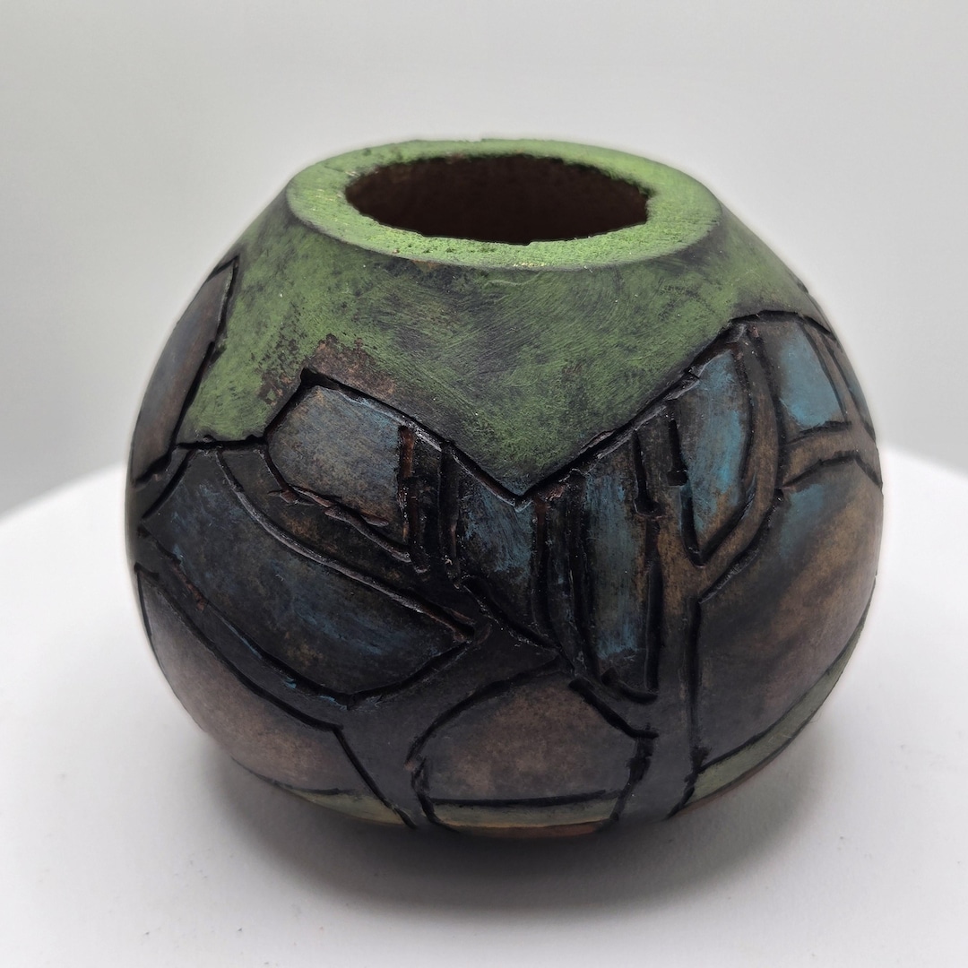 ART DECO FOREST 3" Art Gourd Cool-tone Pyrography, Ink & Acrylic, John ...