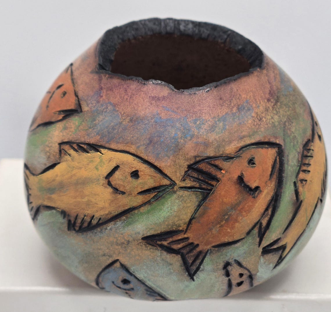 ASSORTED FISH 3" Art Gourd Pyrography, Ink & Acrylic, John Rodwan - Etsy