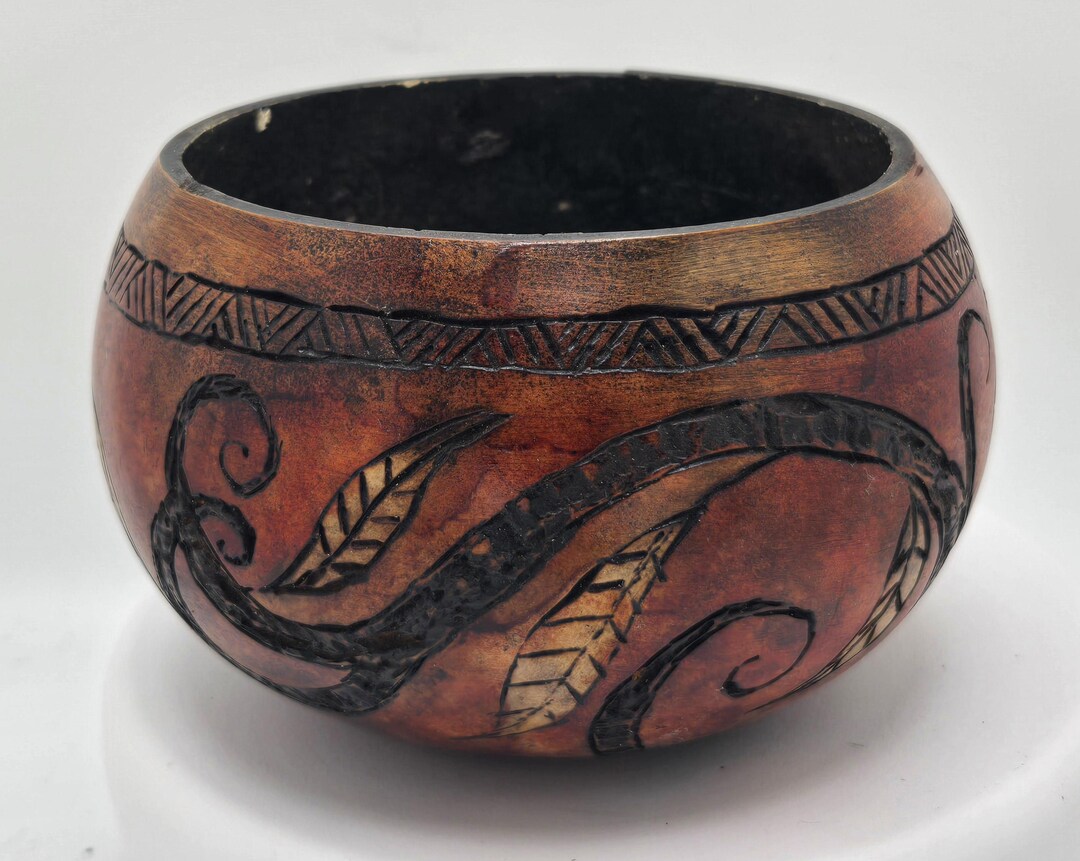 STAGHORN SUMAC 5" Art Gourd Warm-tone Pyrography & Ink Gloss Finish ...