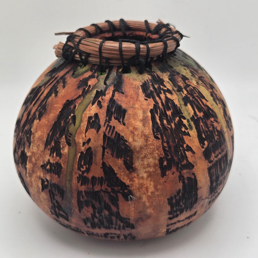 CALIFORNIA WILDFIRE 4"+ Forest Fire Themed Art Gourd Pyrography Ink ...