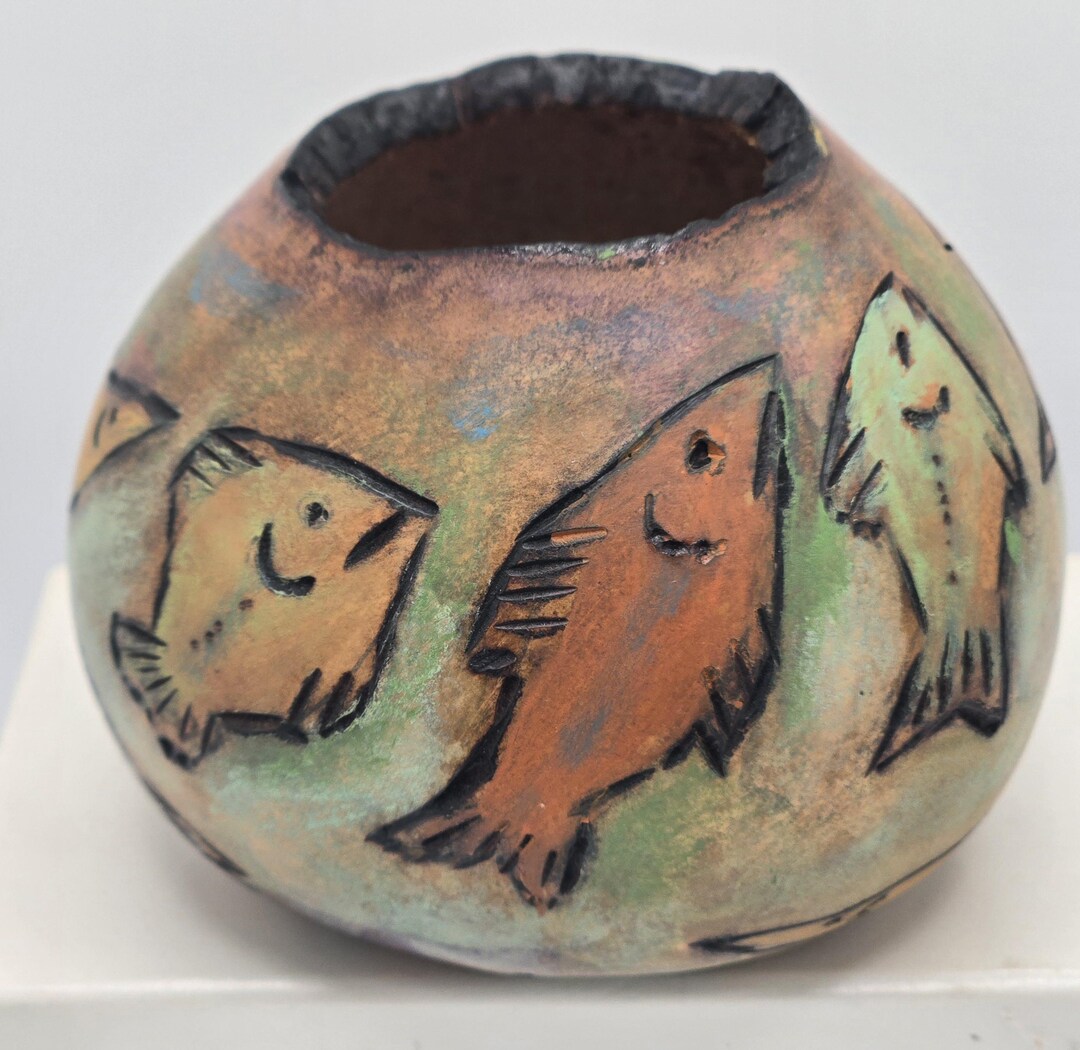 ASSORTED FISH 3" Art Gourd Pyrography, Ink & Acrylic, John Rodwan - Etsy
