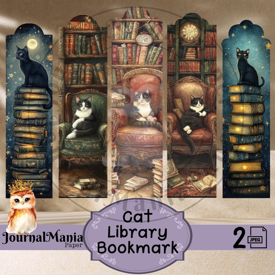 Whimsical Cat Bookmarks: Printable Library Fussy Cut Tags (digital ...