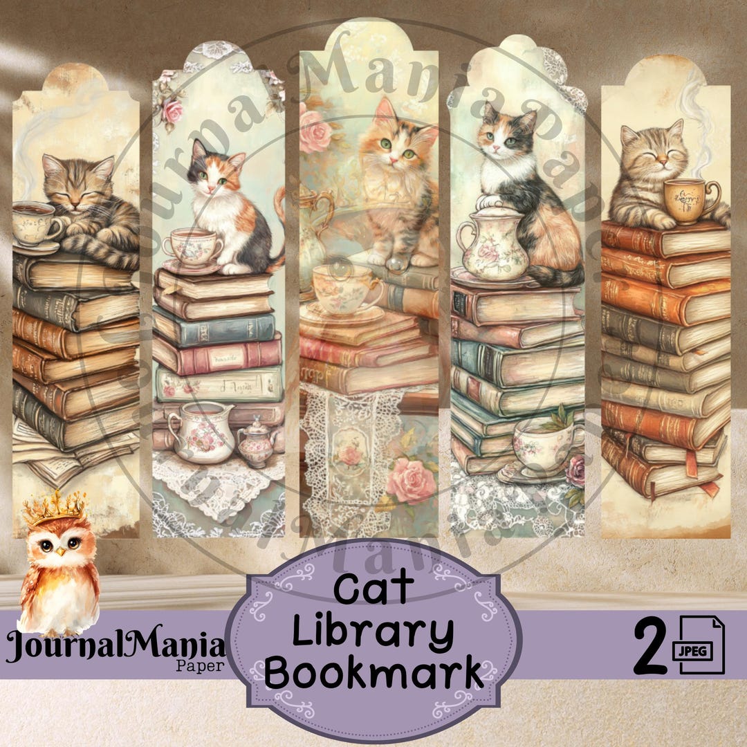 Whimsical Cat Bookmarks: Printable Library Fussy Cut Tags (digital ...