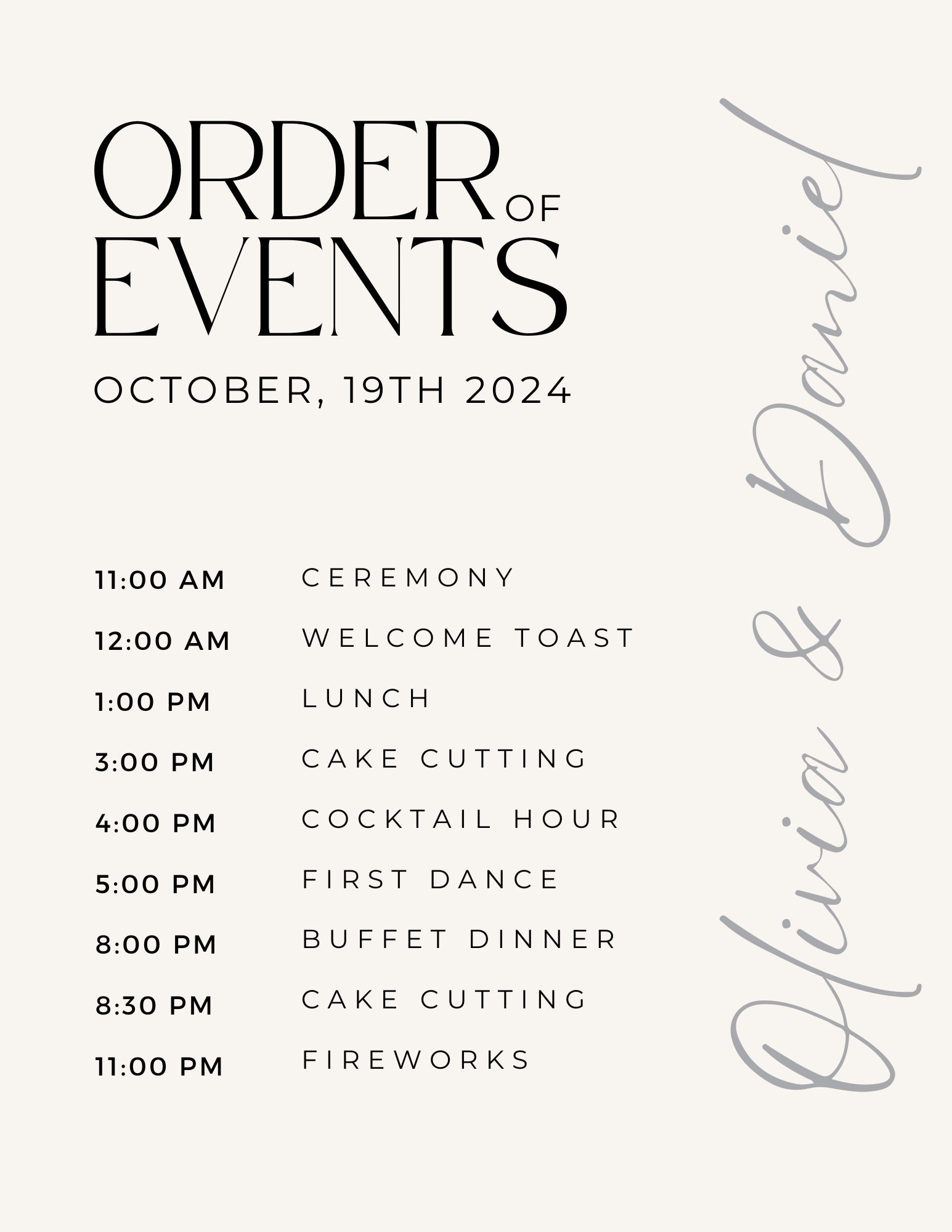 Wedding Timeline Template Wedding Order of Events Invitation Template ...