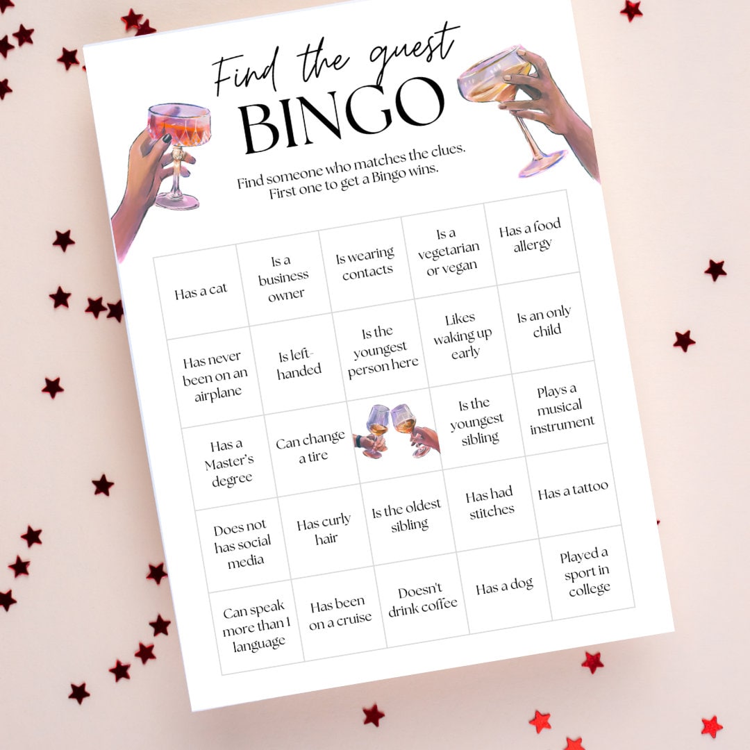 Guest Bingo Card Template Wedding Guest Game Template Cocktail Party ...