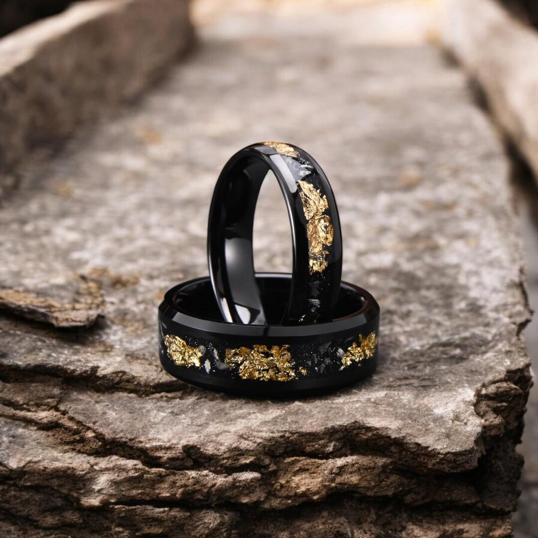 Gold Leaf and Meteorite Ring, Black Wedding Ring, Men Minimalist Ring ...