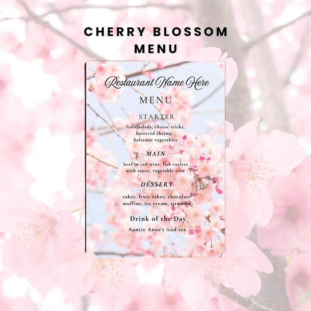 Editable Cherry Blossom Menu Template: Printable Restaurant/family Menu ...