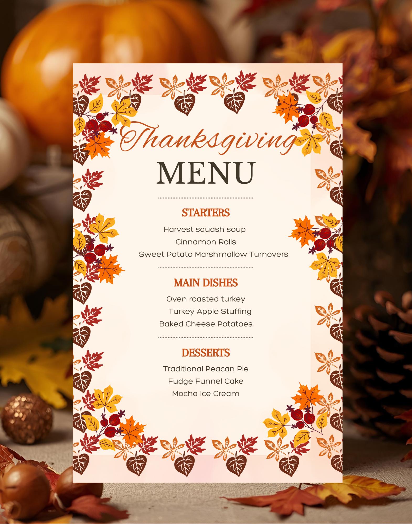 Thanksgiving Menu Template: Fall Festive Design (editable PDF Download ...