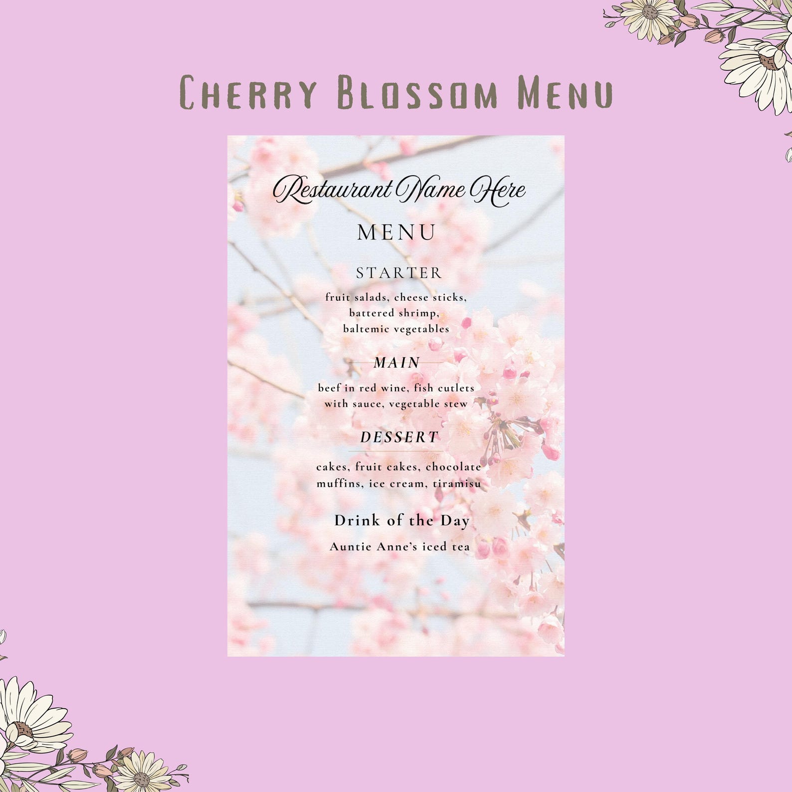 Editable Cherry Blossom Menu Template: Printable Restaurant/family Menu ...