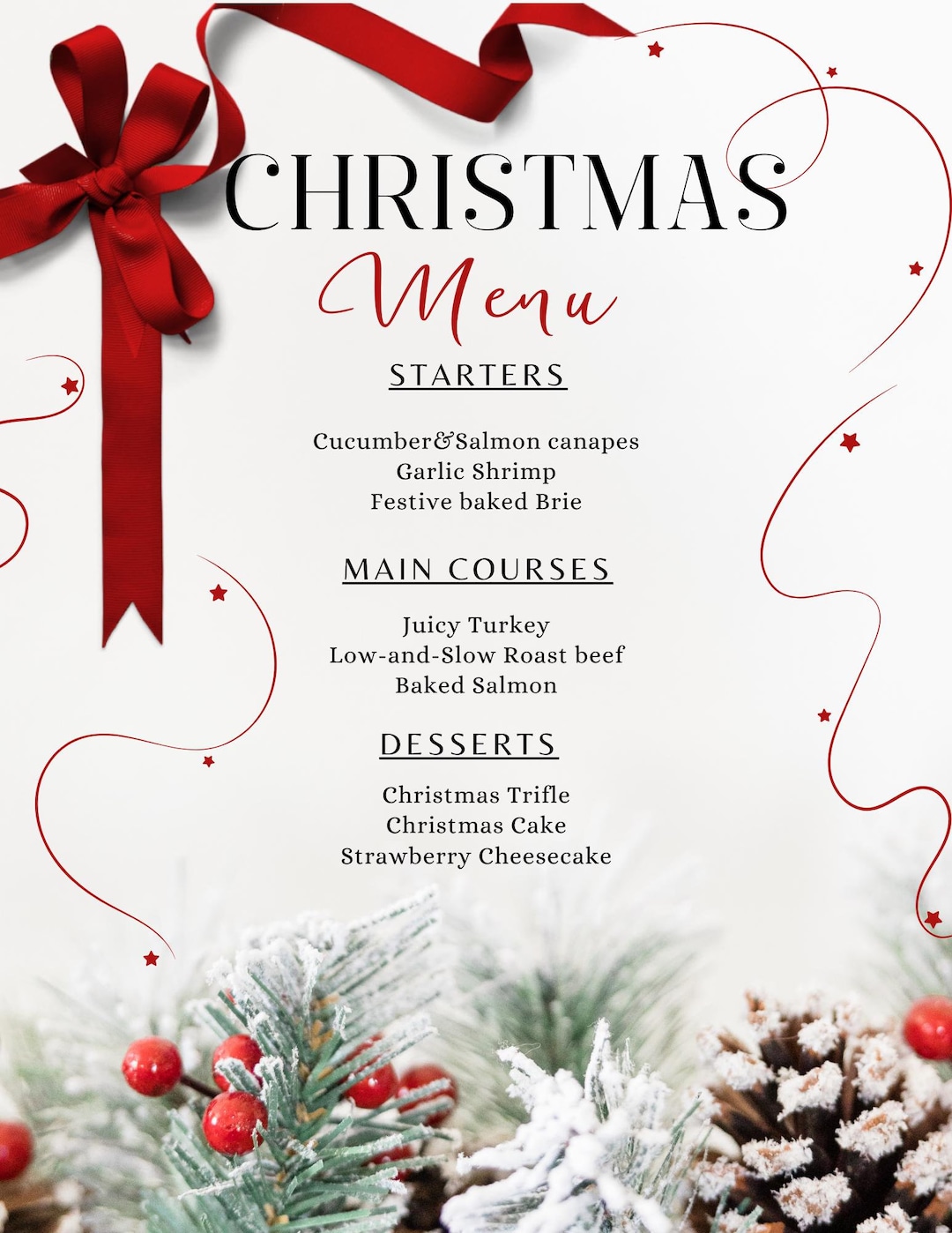 Christmas Dinner Menu Template, Holidays, Christmas, Party Favors ...