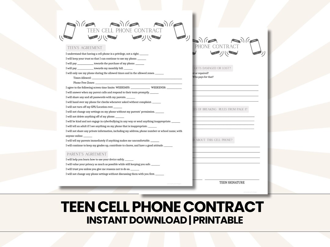 Cell Phone Agreement for Teens | Teenager's First Cell Phone Contract ...