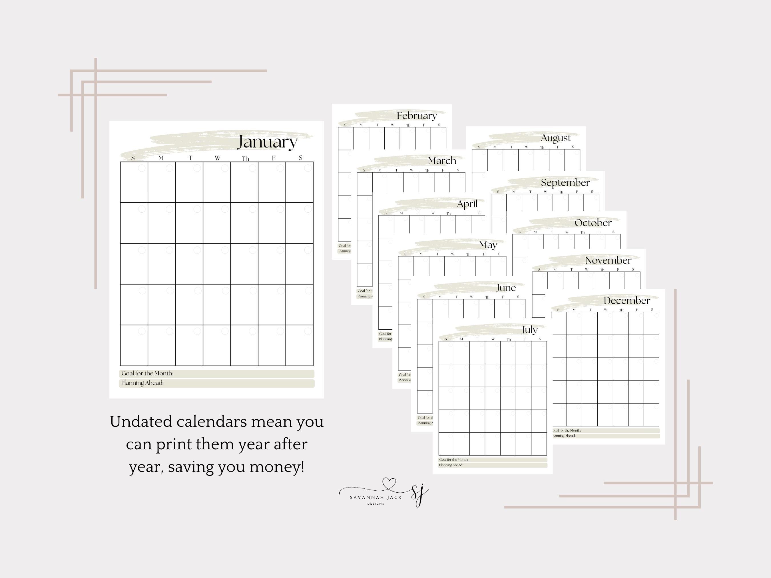 Undated Monthly Calendars | Printable Monthly Calendars | 12 Printable ...