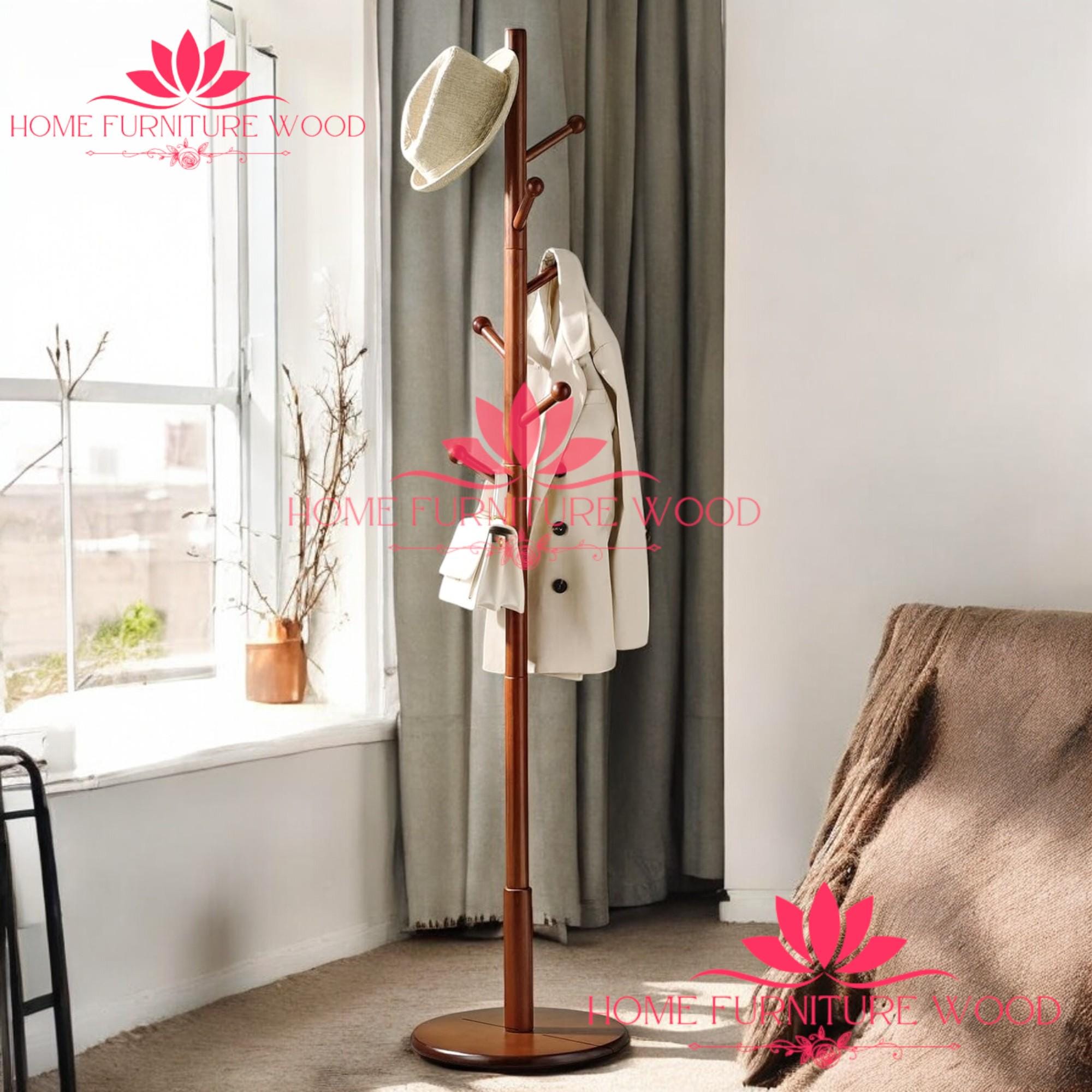 Wood Coat Rack, Free Standing Hall Coat Tree With 7 Hooks, 3 Height ...