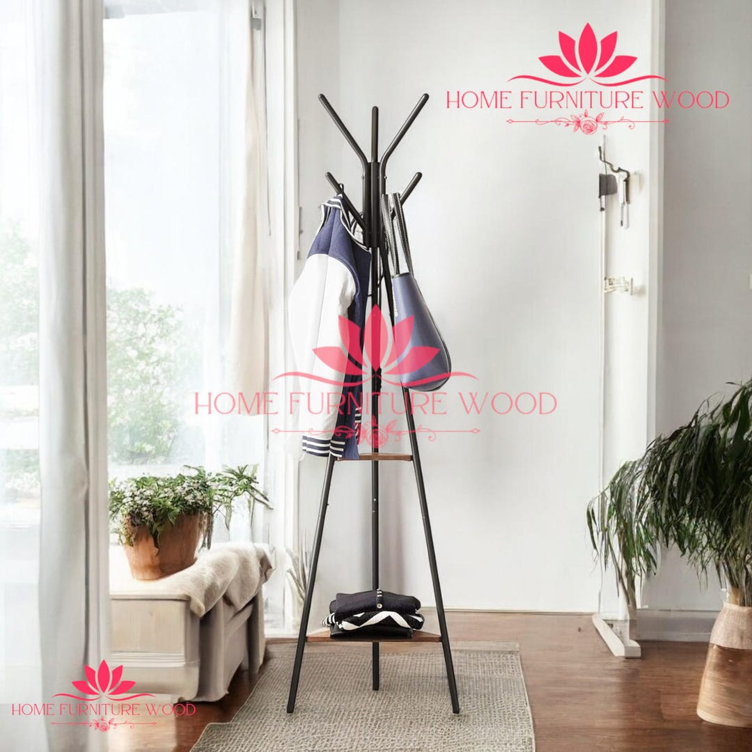 Coat Rack Freestanding, Coat Hanger Stand, Hall Tree With Two Shelves ...