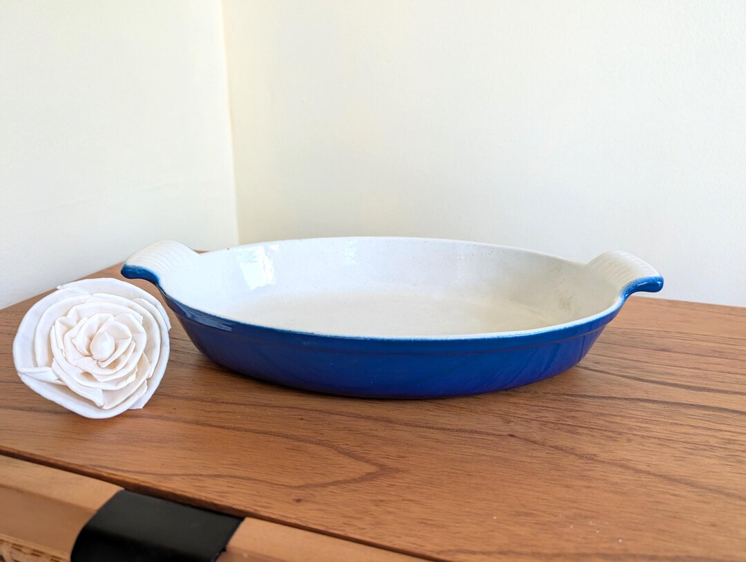 Blue Enamel Cast Iron Baking Dish, Heavy Vintage Enameled Cast ...