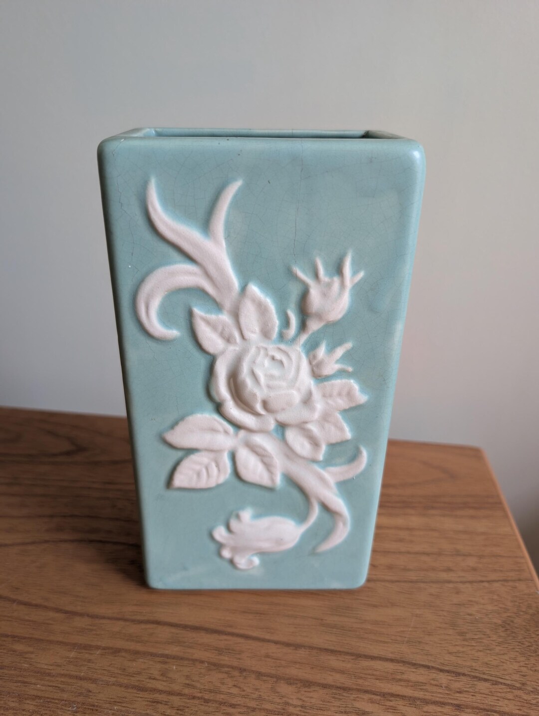 Weller Cameo Pottery 9 Inch Tall Antique Rectangular Vase Blue Green ...
