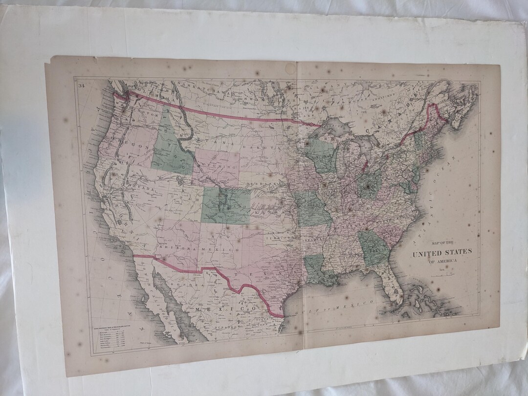 1872 US Map With a Table of Distance for the Pony Express Mail and ...