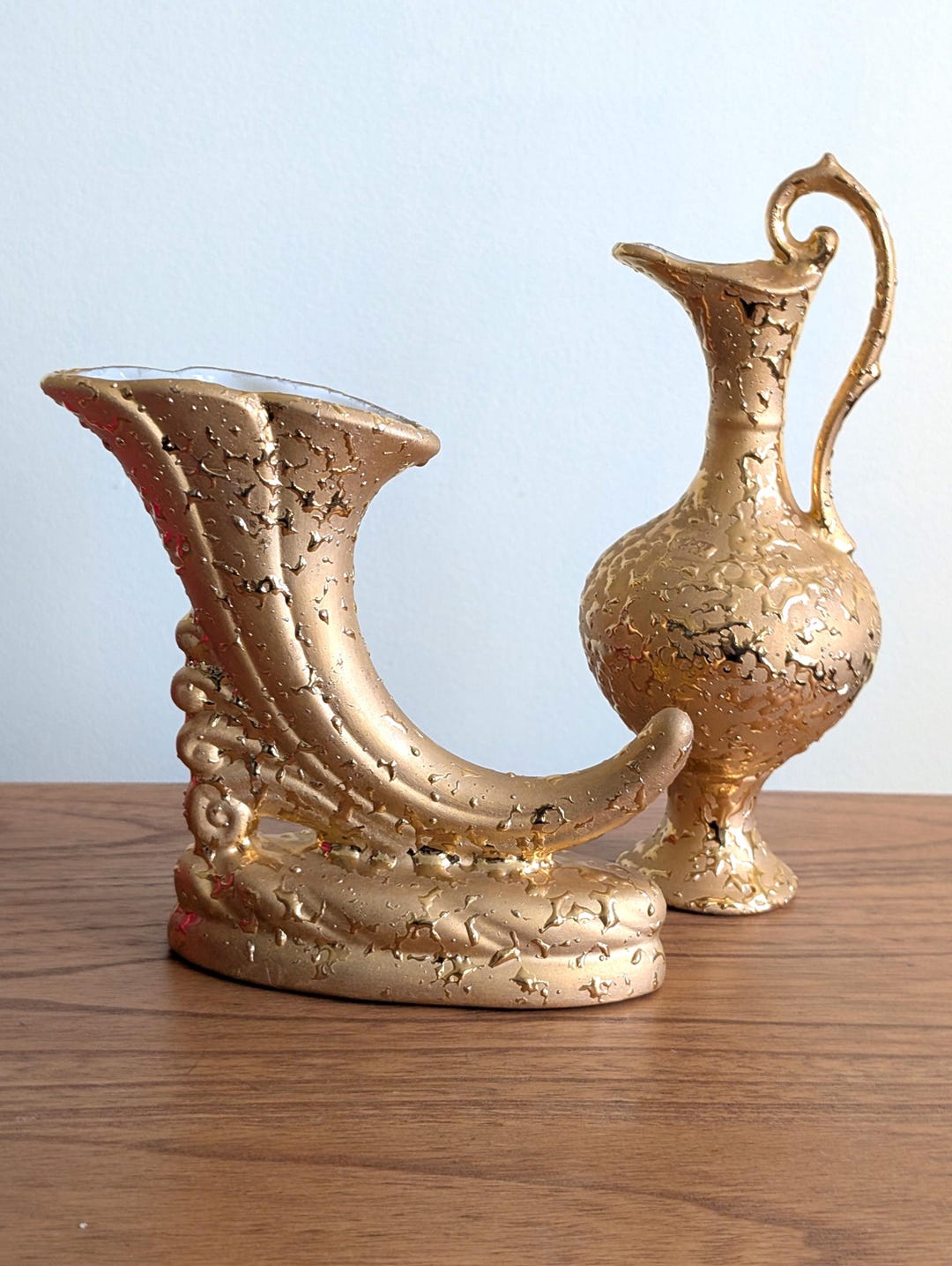 Pair of Weeping Gold Vases Cornucopia and Pitcher Midcentury Vintage - Etsy
