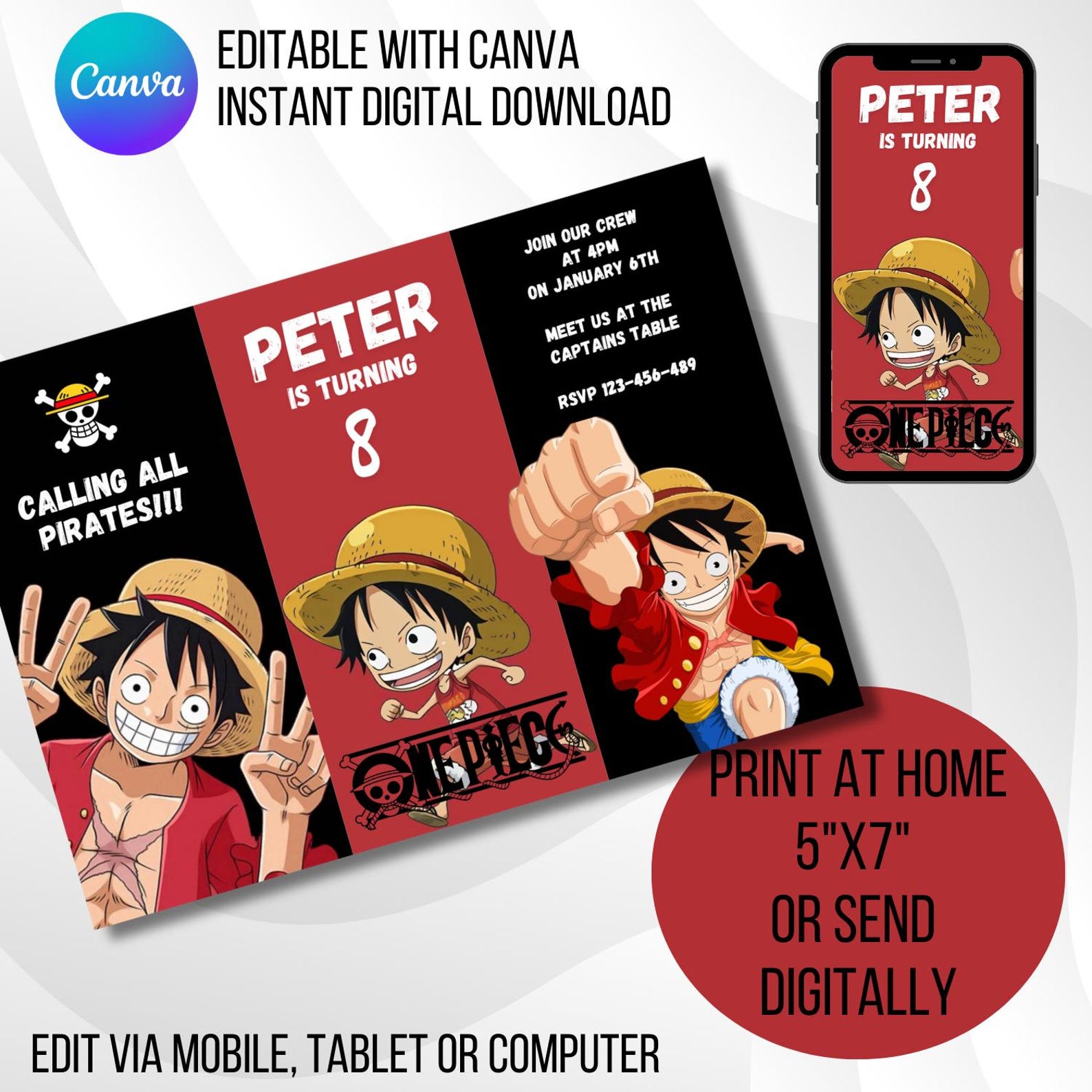Monkey D Luffy Editable Invitation, One Piece Birthday Invitation - Etsy