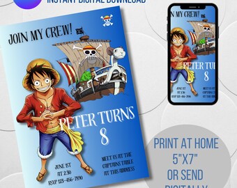 Monkey D Luffy Birthday Invitation, One Piece Birthday Invitation - Etsy