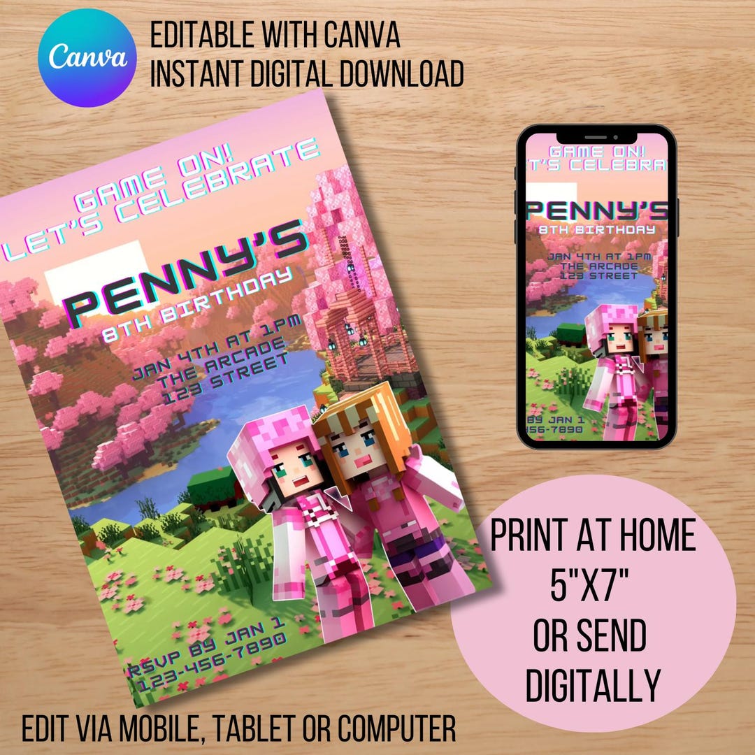 Minecrafter Pink Invitation, Minecraft for Girls, Girls Invitation ...