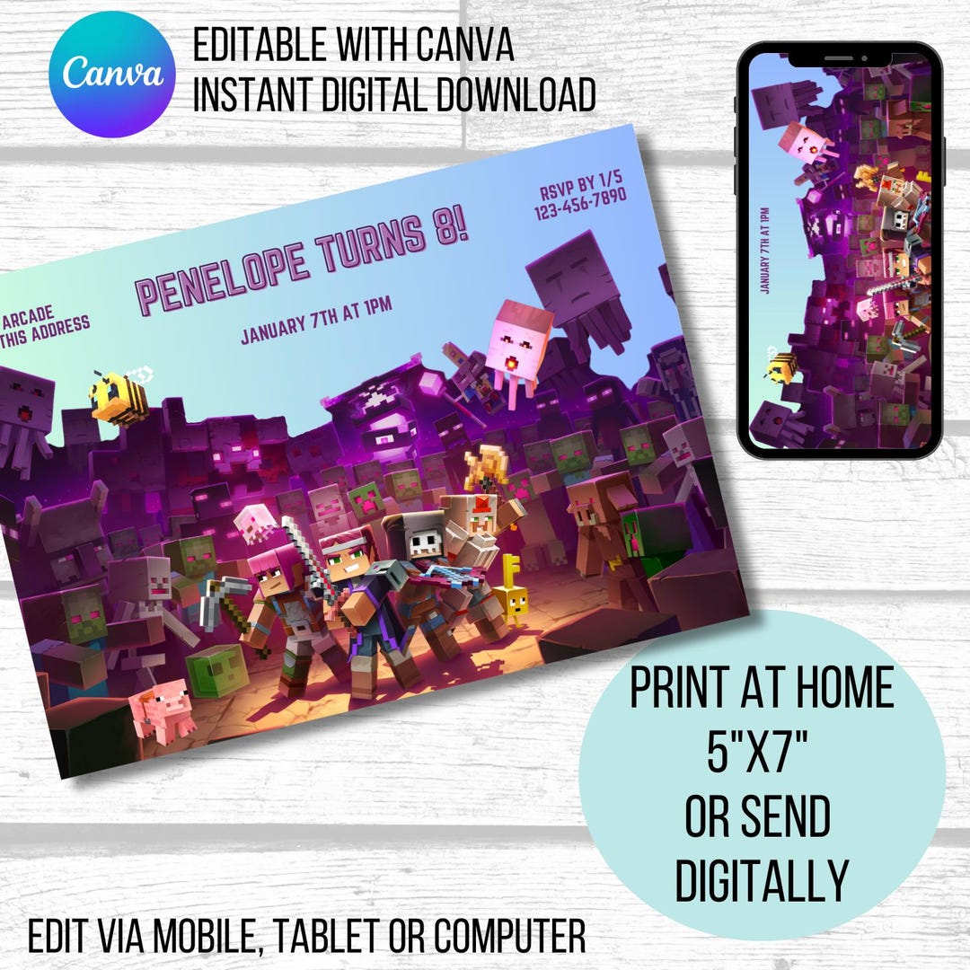 Minecraft Editable Invitation, Minecraft Dungeons Birthday Invitation ...