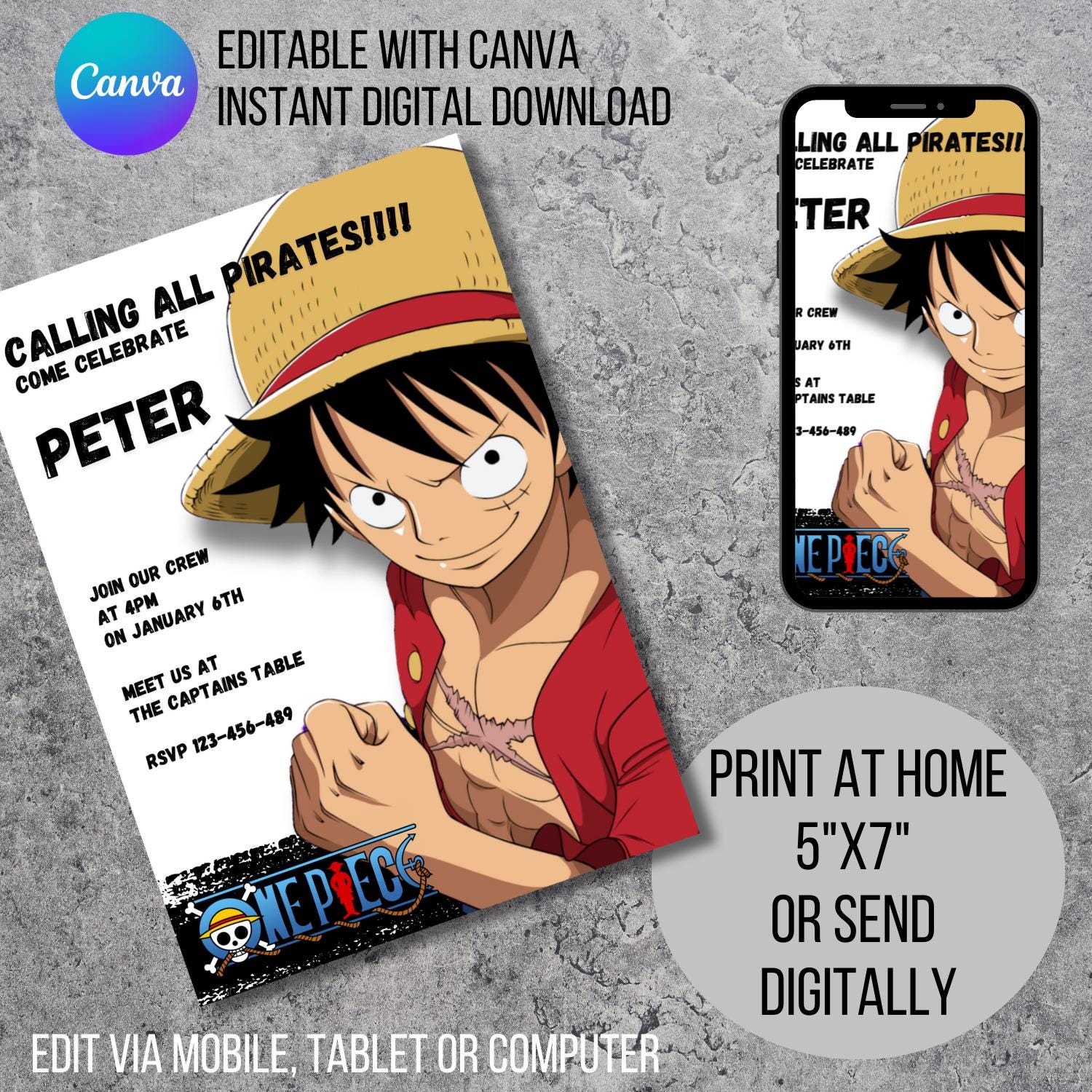 Monkey D Luffy Editable Invitation, One Piece Invitation - Etsy