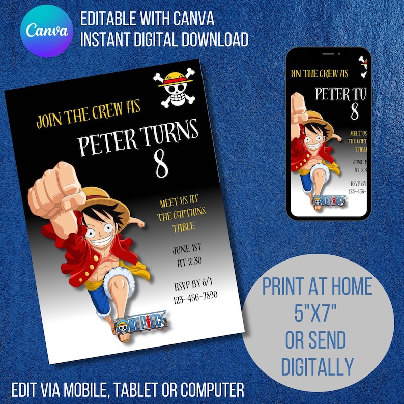 Monkey D Luffy Birthday Invitation, One Piece Birthday Invitation - Etsy