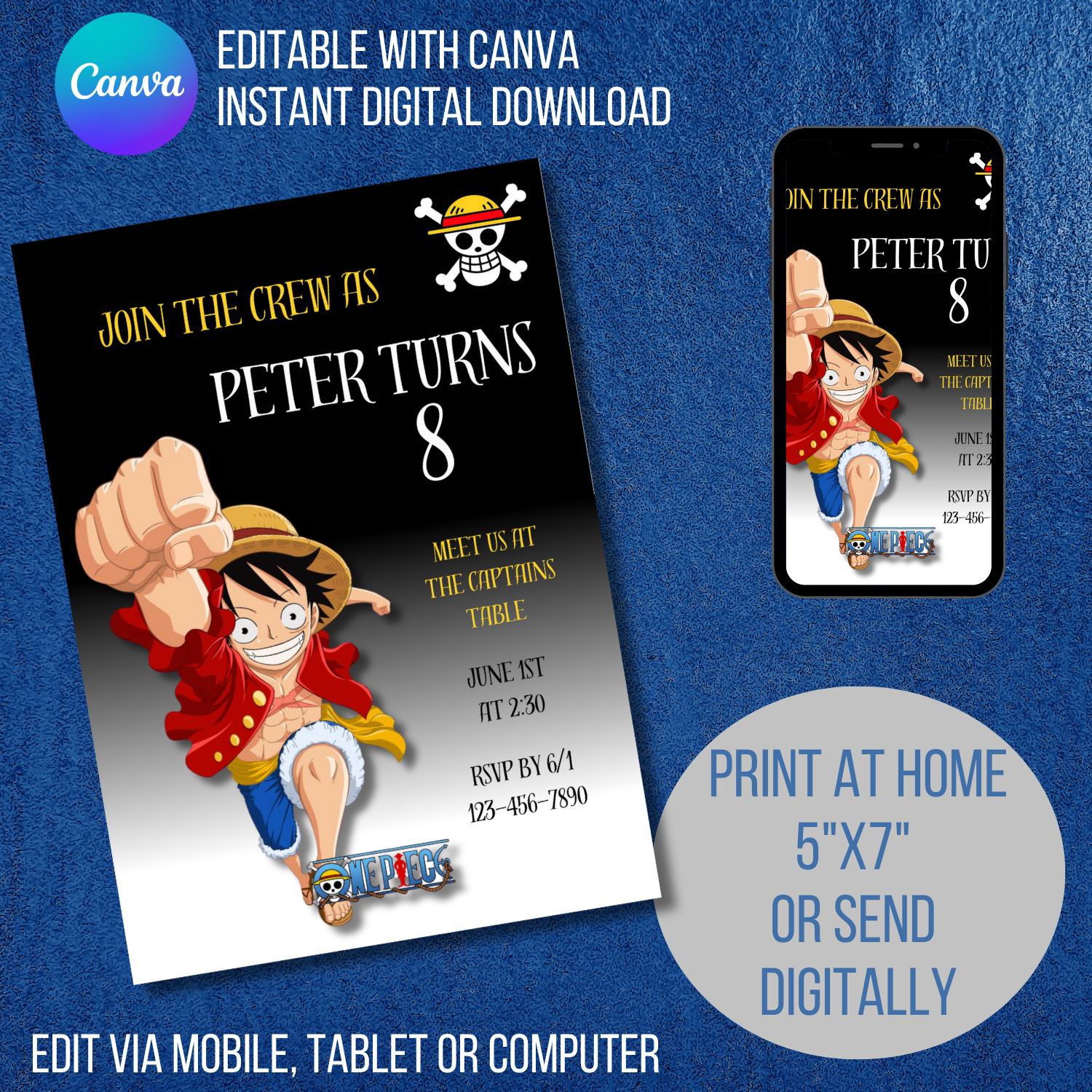 Monkey D Luffy Birthday Invitation, One Piece Birthday Invitation - Etsy