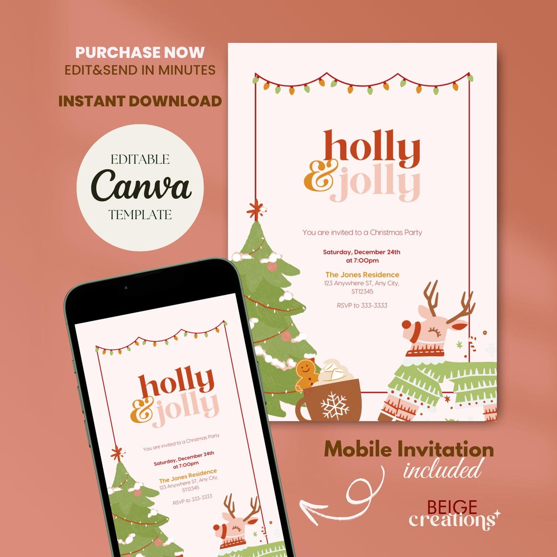 Cute Christmas Party Invitation | Editable Canva Template | Pastel ...