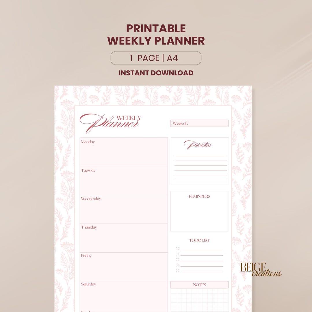 Floral Pink Weekly Planner Sheet Printable Weekly to Do List PDF, A4 ...