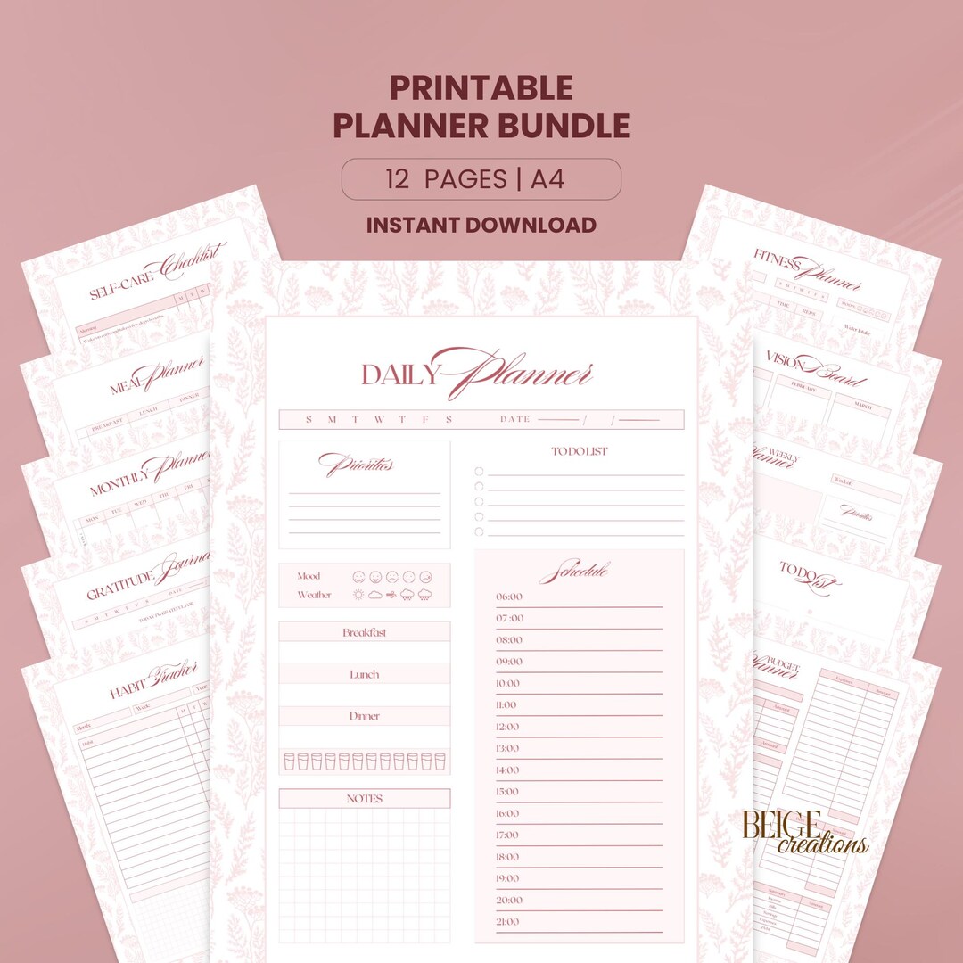 Pink Floral Printable Planner | 12-pages A4 PDF | Daily, Weekly ...