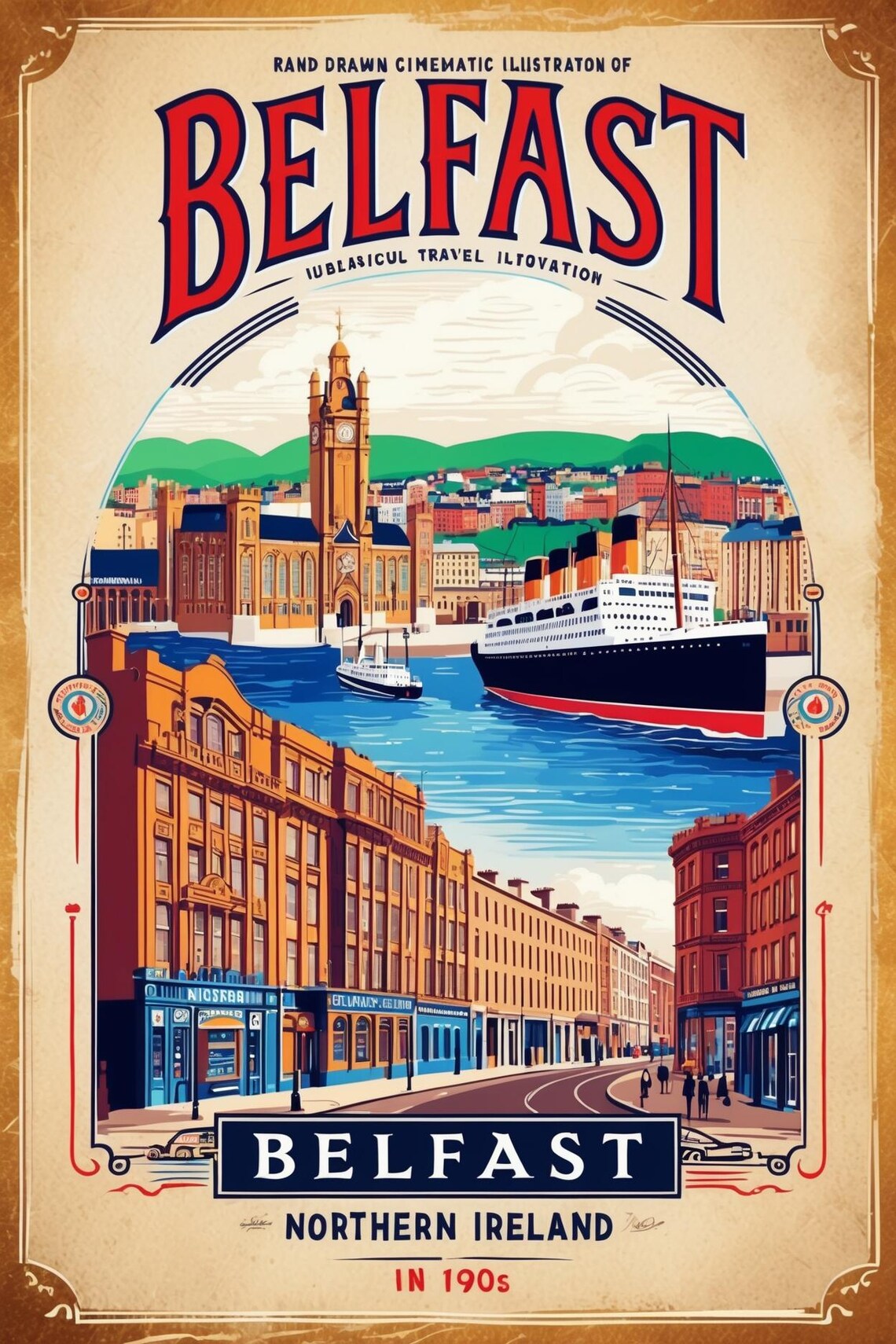 Vintage Belfast Posters - Hand-drawn Northern Ireland Cityscapes, RMS ...