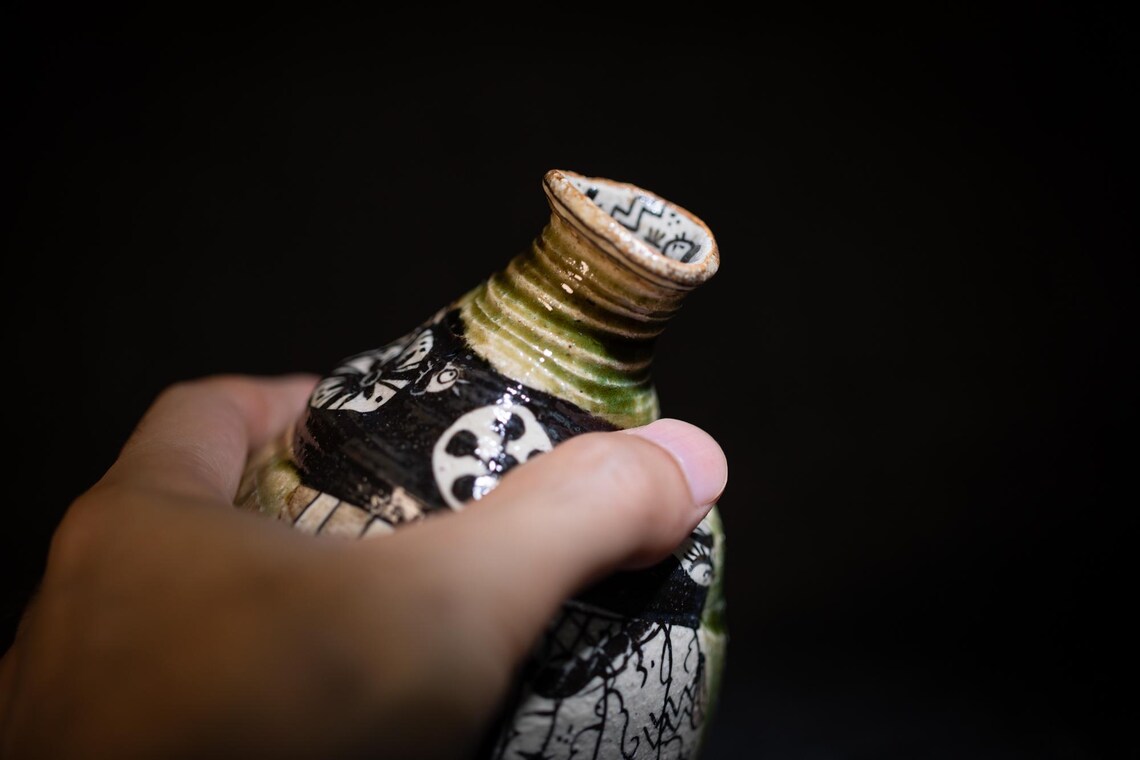 Sake Bottle | Oribe Ware Tokkuri Sake Flask | Japanese Pottery ...