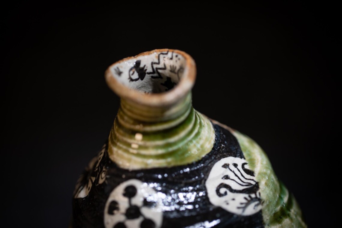 Sake Bottle | Oribe Ware Tokkuri Sake Flask | Japanese Pottery ...