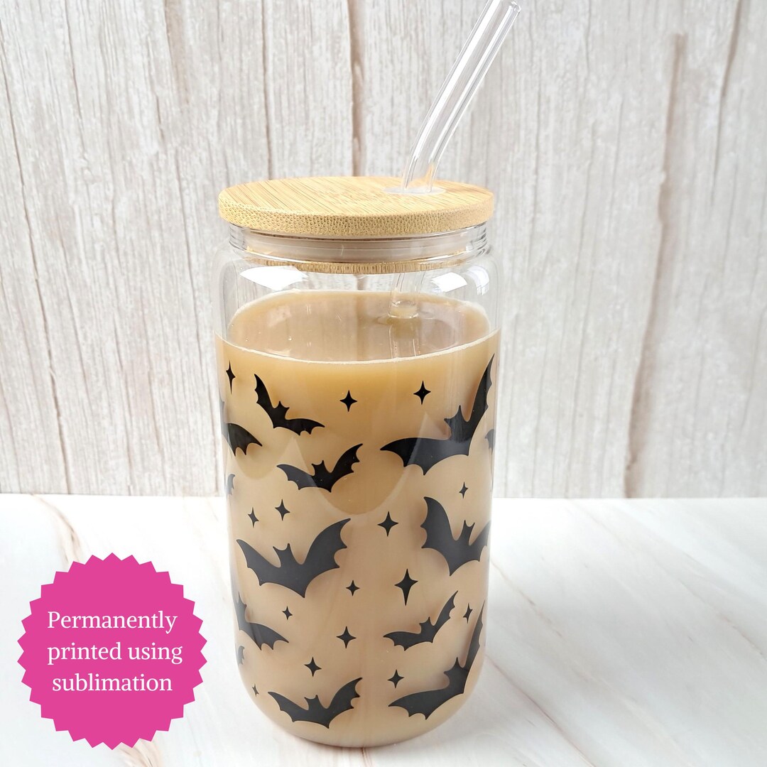 Halloween Bat Glass Can Tumbler, 16oz Can Tumbler, Iced Coffee Glass ...