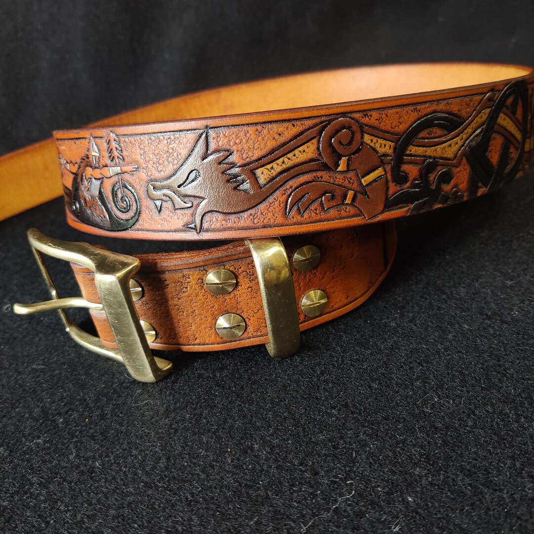 Tooled Leather Belt Fenrir Tyr Design - Etsy