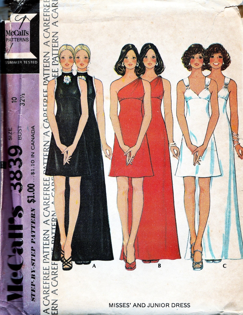 1970s Evening Gown Sewing Pattern, High Waist, Sleeveless, One Shoulder ...