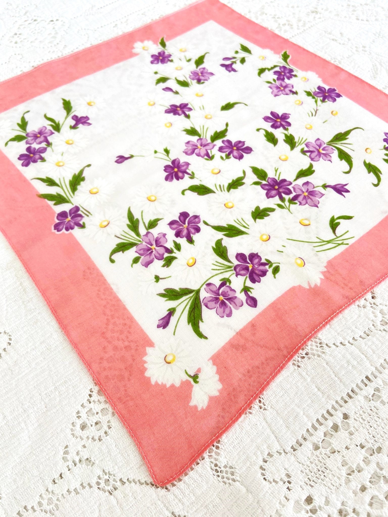 1960s Floral Cotton Handkerchief, Coral Border, Daisies & Violets - Etsy