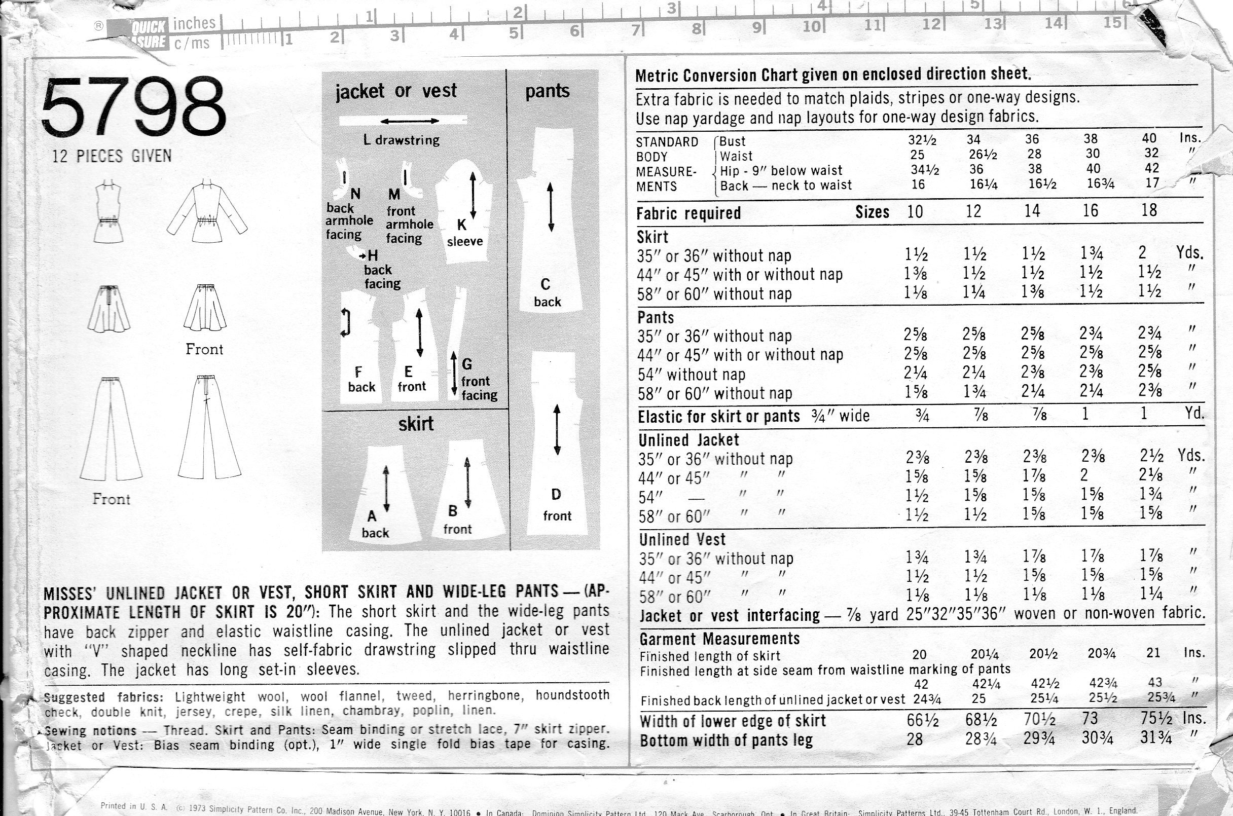 1970s Skirt Suit Sewing Pattern, Wide Leg Pants, Simplicity 5798, Bust ...