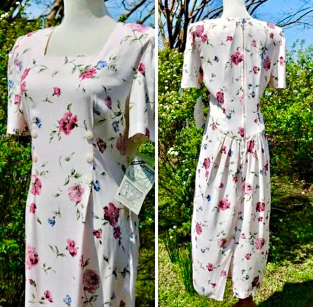 1990s, 90s, Floral Dress, Pale Pink, Floral, Square Neckline, Short ...