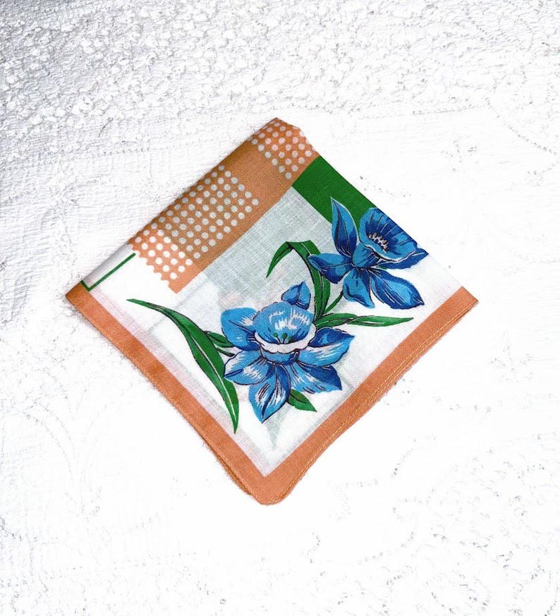 Vintage Daffodil Handkerchief: Blue & Peach Cotton Hanky - Bridal Gift ...
