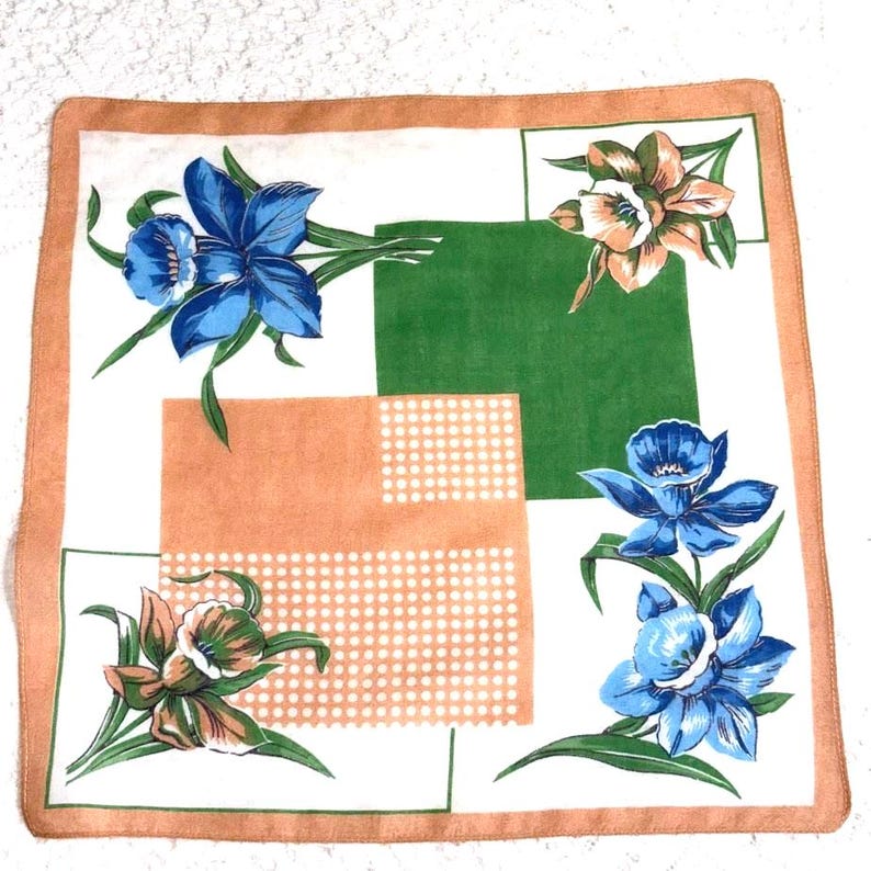Vintage Daffodil Handkerchief: Blue & Peach Cotton Hanky - Bridal Gift ...