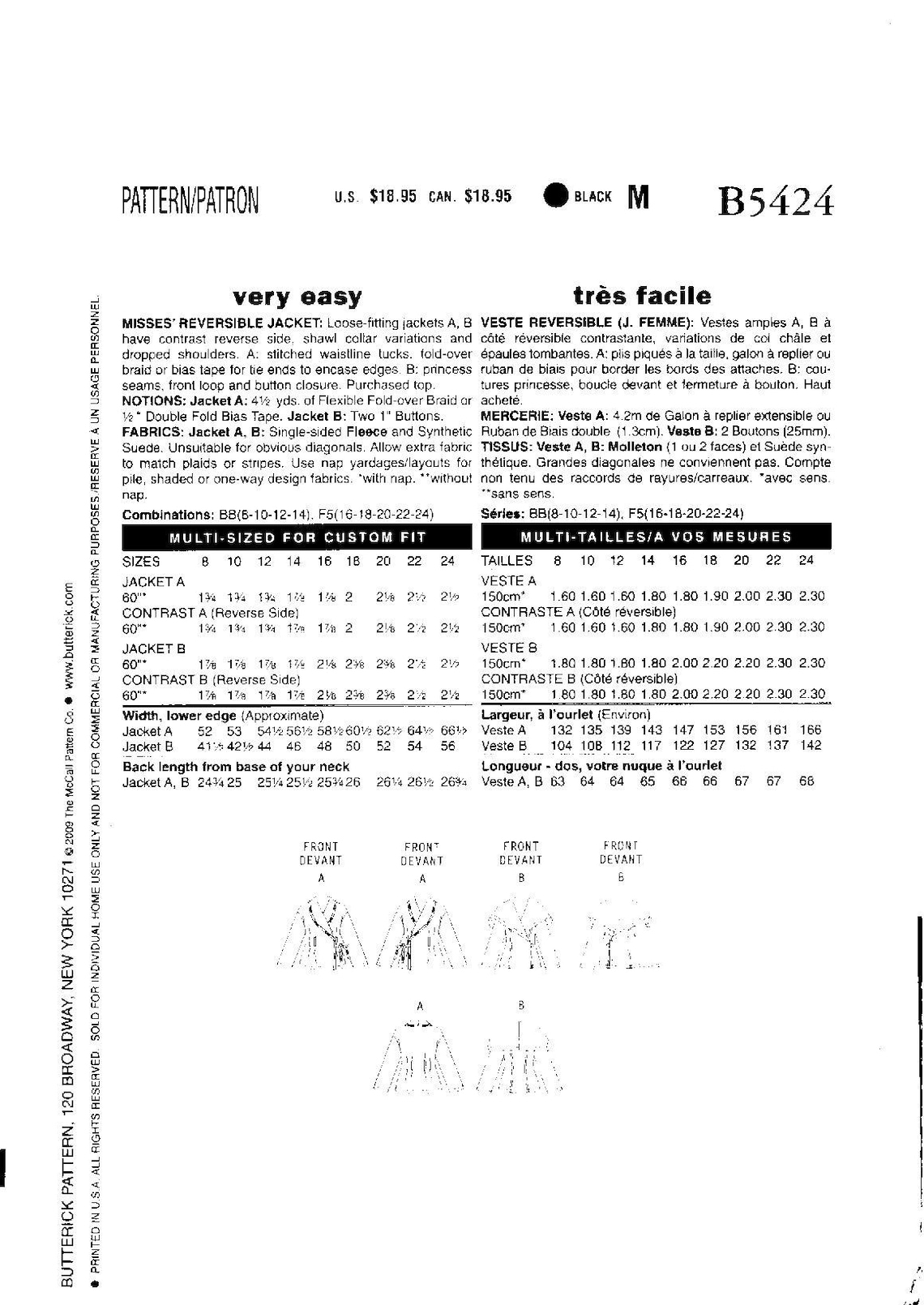 Modern Reversible Jacket Sewing Pattern, Loose Fitting Shawl Collar, 5 ...