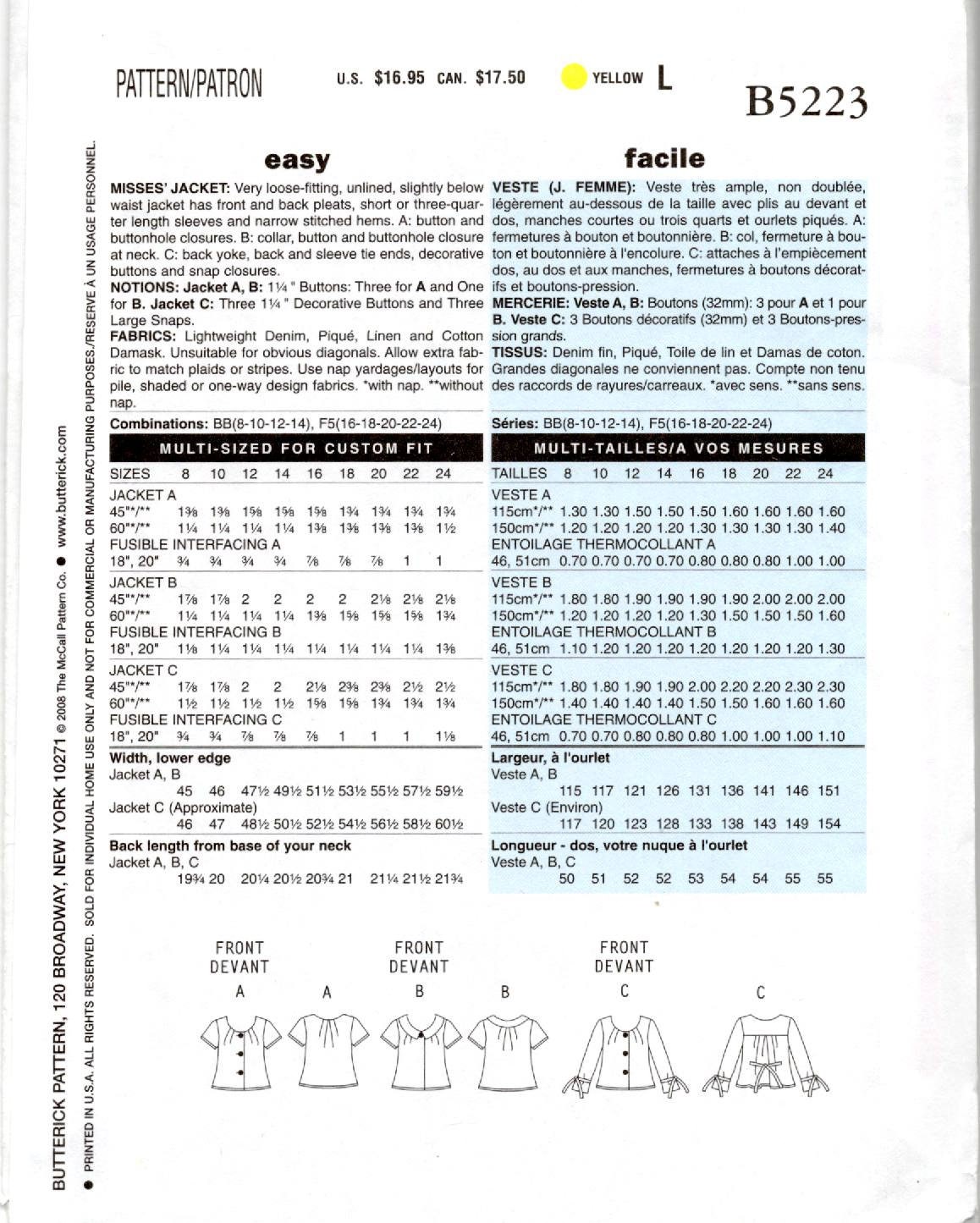 Top Jacket Sewing Pattern Butterick 5223 Circa 2008, 5 Sizes 16 to 24 ...
