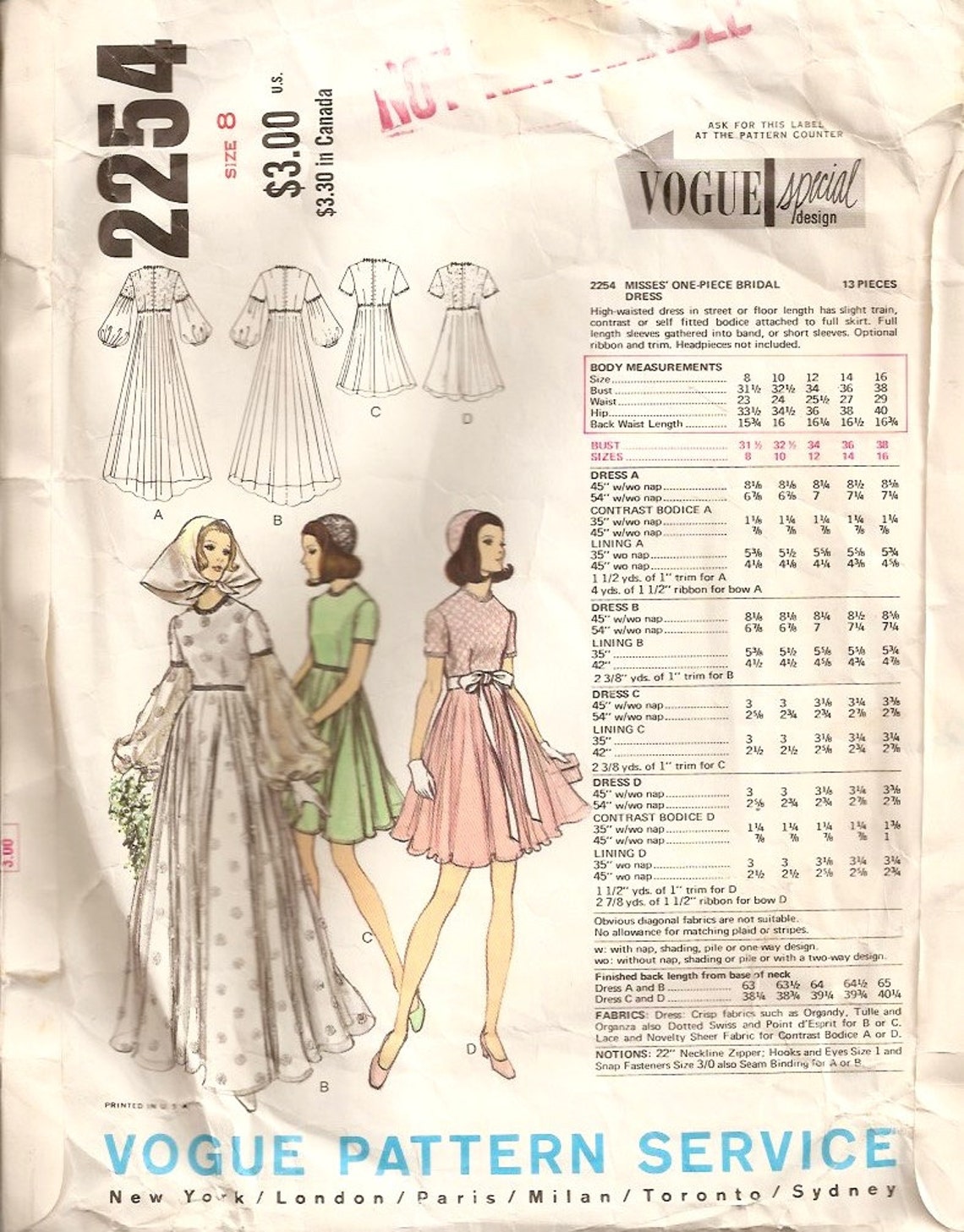 1970s Vogue Wedding Dress Sewing Pattern, High Waist, Sheer Sleeves, XS ...