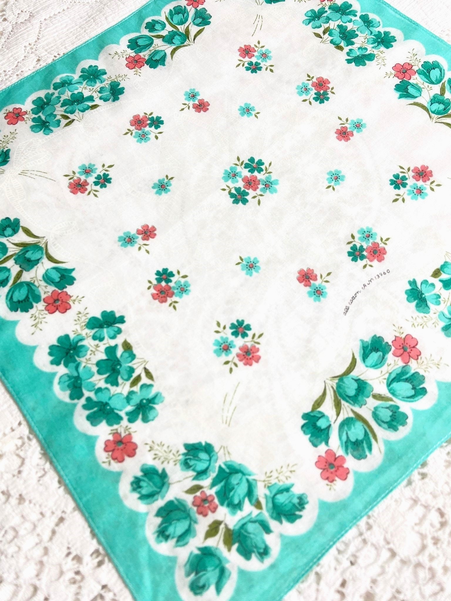 1960s Vintage Handkerchief, Aqua Floral Cotton Hankie, Bridesmaids ...