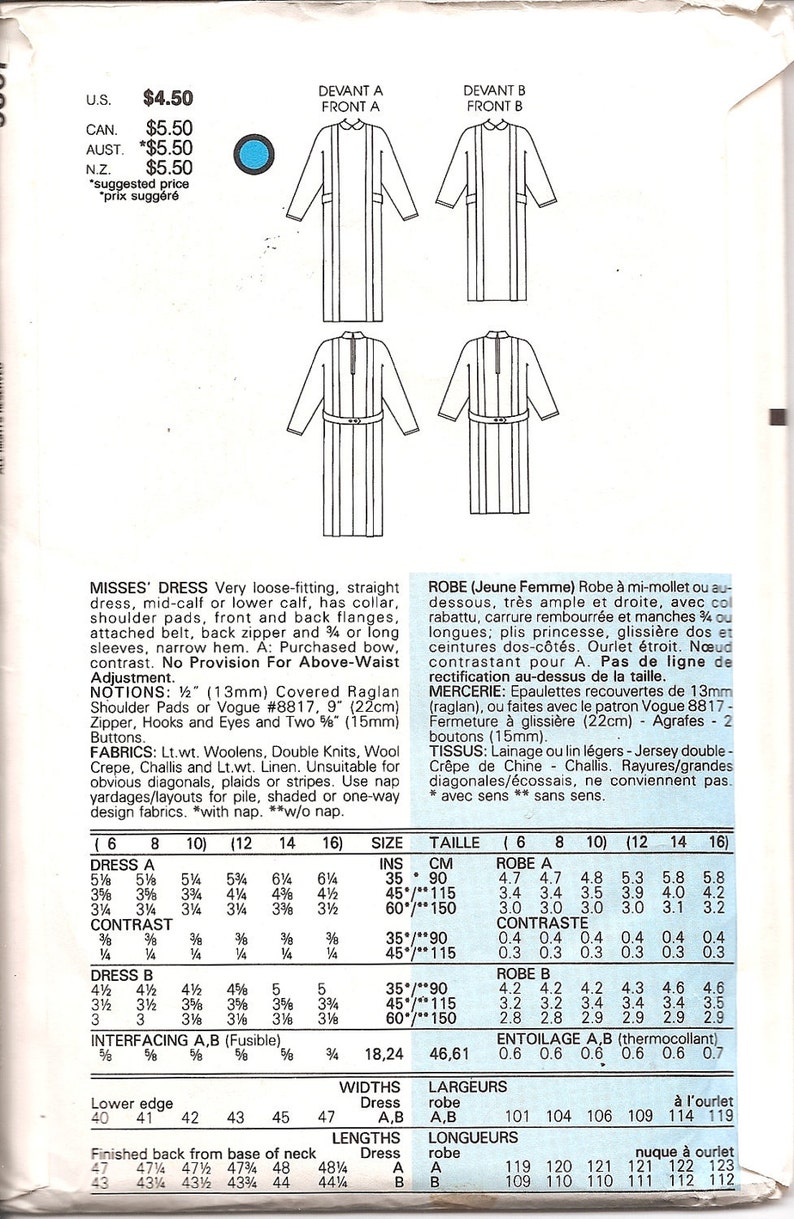 Vintage Sewing Patterns Vintage Vogue Dress Pattern 1980s - Etsy