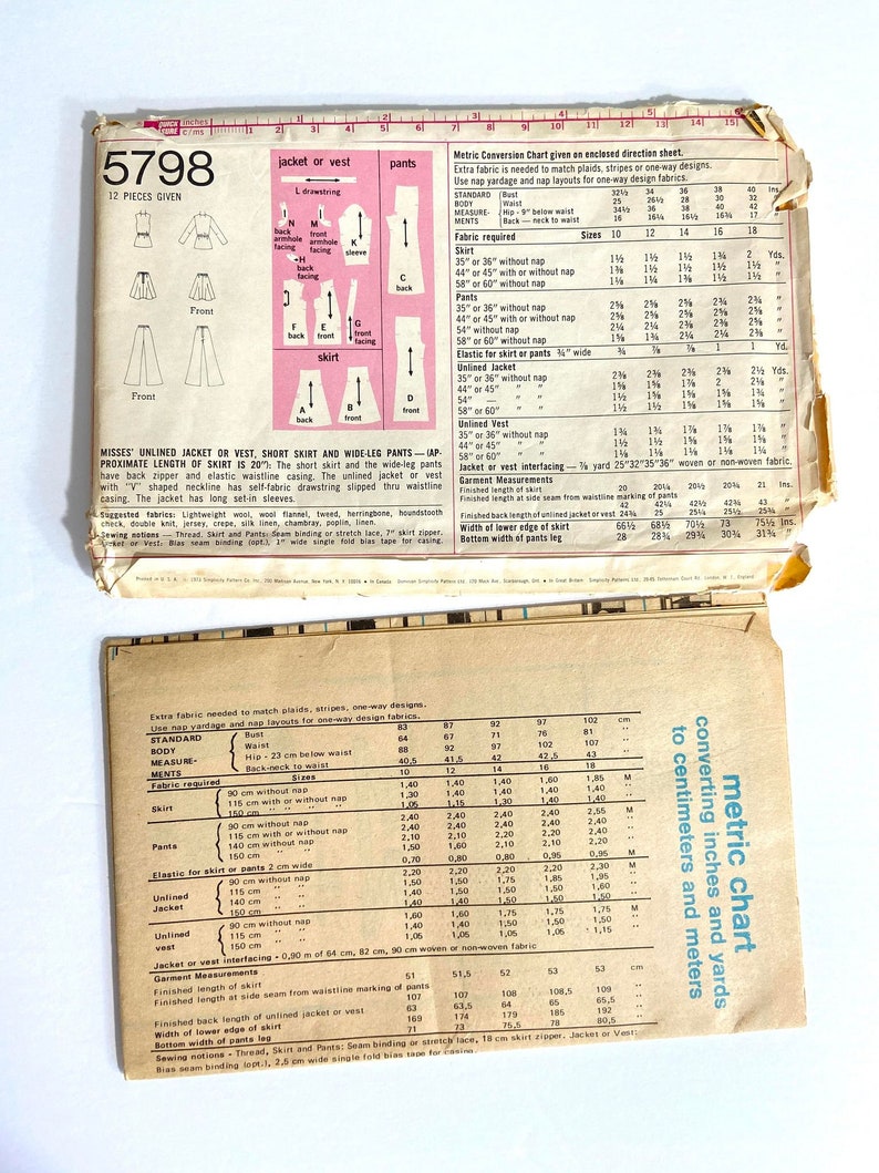 1970s Skirt Suit Sewing Pattern, Wide Leg Pants, Simplicity 5798, Bust ...
