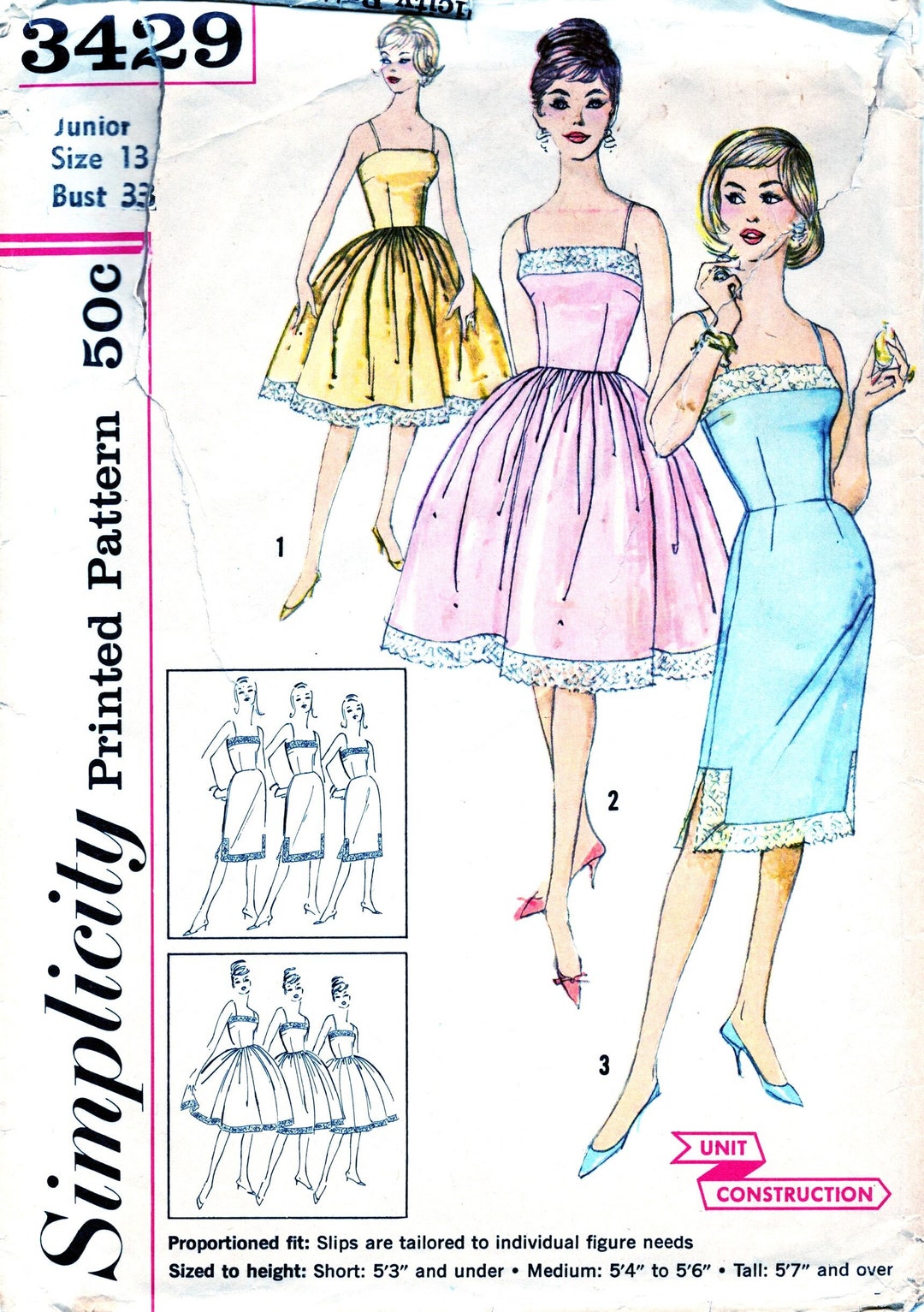 1960s Slip Sewing Pattern, Full Slip, Form Fit Slip, Gathered Skirt ...